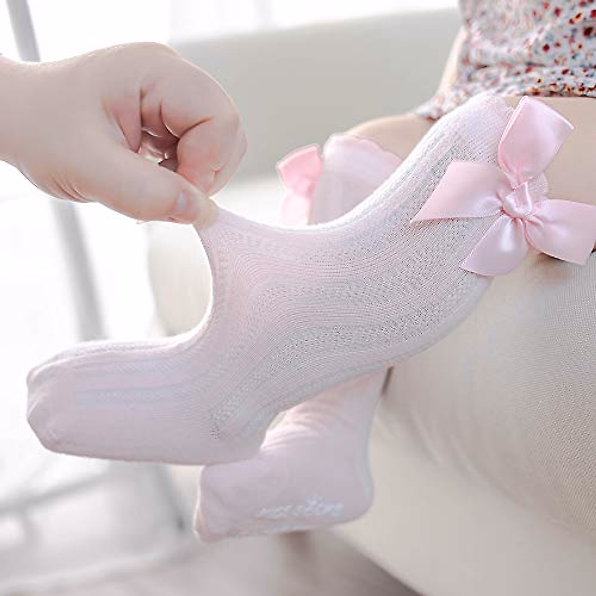 Sarfel Toddler Girl Knee High Socks Baby Non-Slip Socks Infant Long Tube Ruffled Stockings Gifts 5 Pairs Bow 12-36 Months