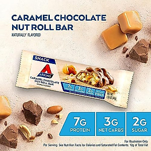 Atkins Caramel Chocolate Nut Roll Snack Bar, Protein Snack, High in Fiber, 2g Sugar, 30 Count
