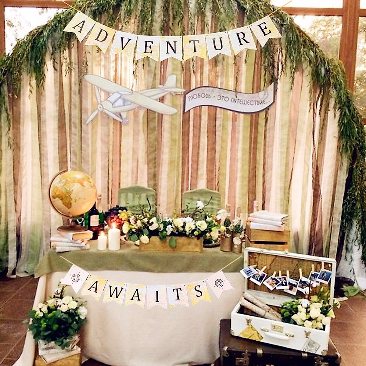 JeVenis Adventure Awaits Banner Bon Voyage Banner Travel Theme Banner World Map Travel Themed Baby Shower Banner Vintage Atlas Map Banner for Bridal Shower Graduation Party Moving Party