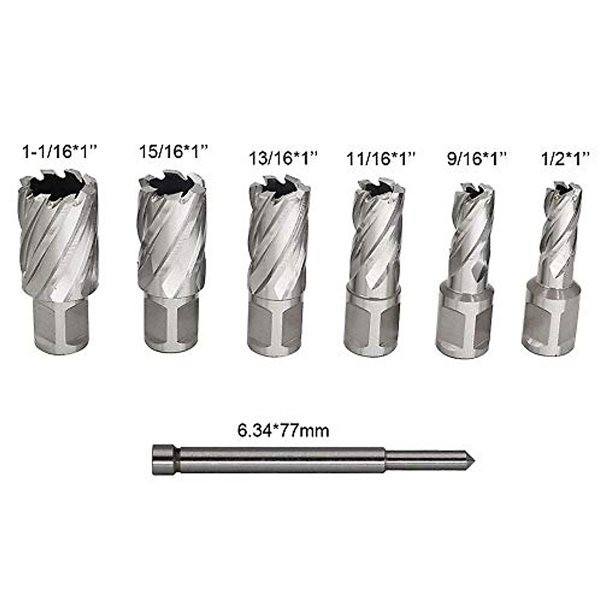 Annular Cutters Set 6pcs JESTUOUS 3/4 Inch Weldon Shank 1 Cutting Depth 1/2-1-1/16 Cutting Diameter Two Flat HSS Slugger Bits for Mag Drill Press with Pilot Pin