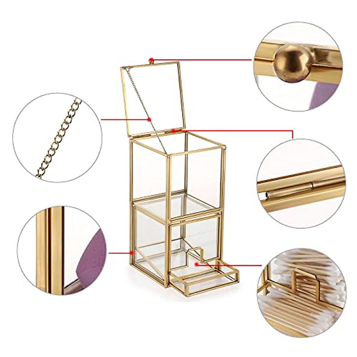 Hipiwe Gold Glass Qtip Holder with Lid 2 Compartments Cotton Balls Swab Organizer Cotton Round Pads Holder Makeup Pad Cosmetic Storage Case Q-tip Dispenser for Dresser Countertop