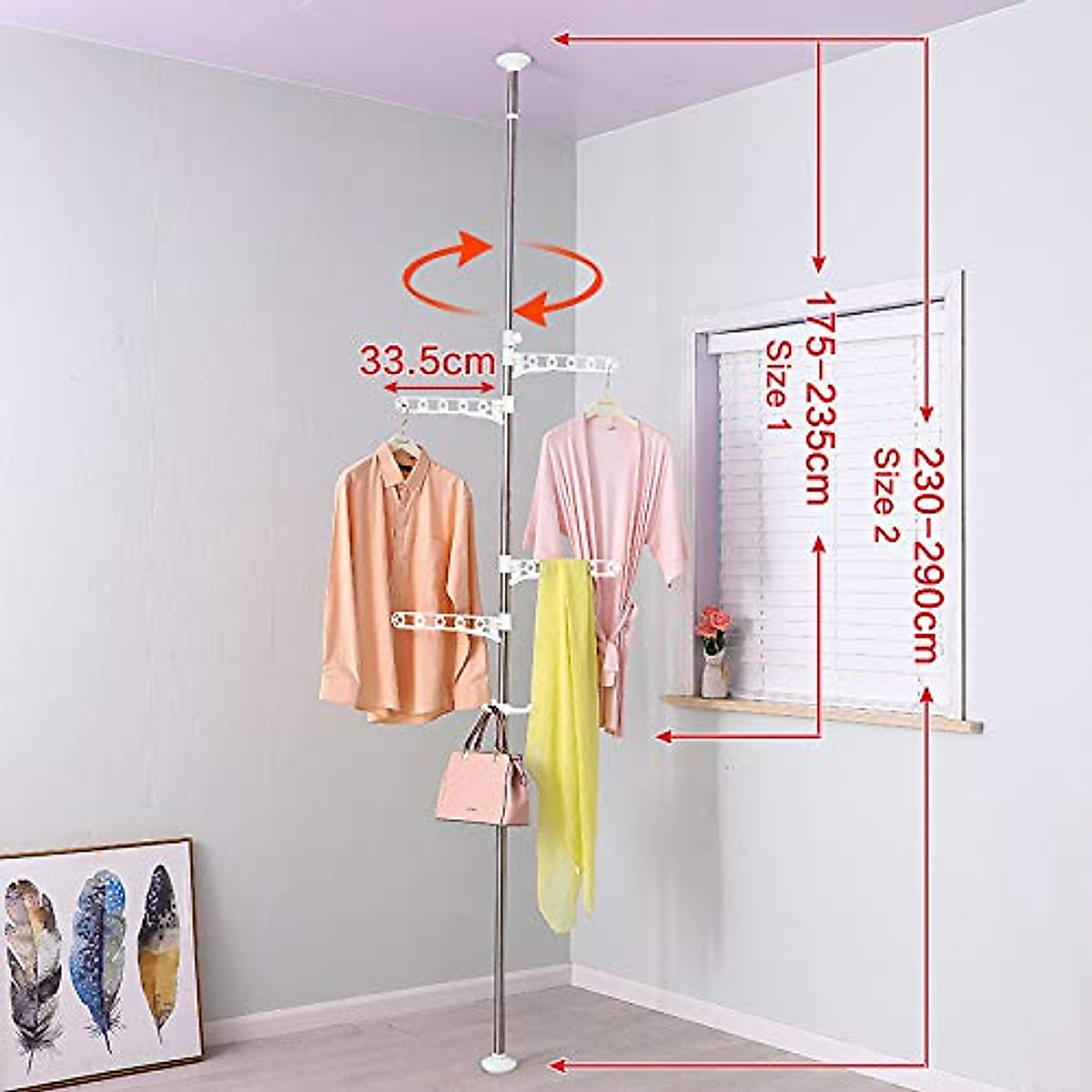 Hershii Portable Indoor Garment Coat Drying Rack Free Standing Coat Stands Clothes Storage Hanger Telescopic Tension Pole DIY Floor to Ceiling Lundry Racks Organizer, Height Adjustable - Ivory