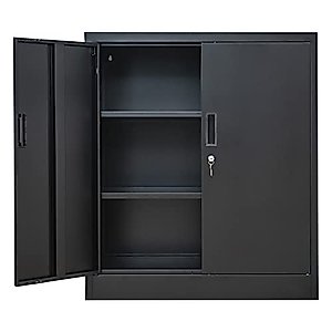 CJF Metal Storage Cabinets with Shelves and Doors, Steel Locking Cabinet for Home Office, Garage, Utility Room and Basement, 36.2" H x 31.5" W x 15.7" D (Black)