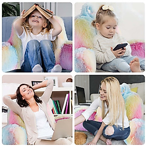Bedriping Reading Pillow for Bed - Faux Fur Backrest Pillow with Arms, Reading & Bed Rest Pillows Rainbow Colors, Fluffy Sit Up Pillow, Study Pillow for Kid, Tween, Teens & Adult Girls
