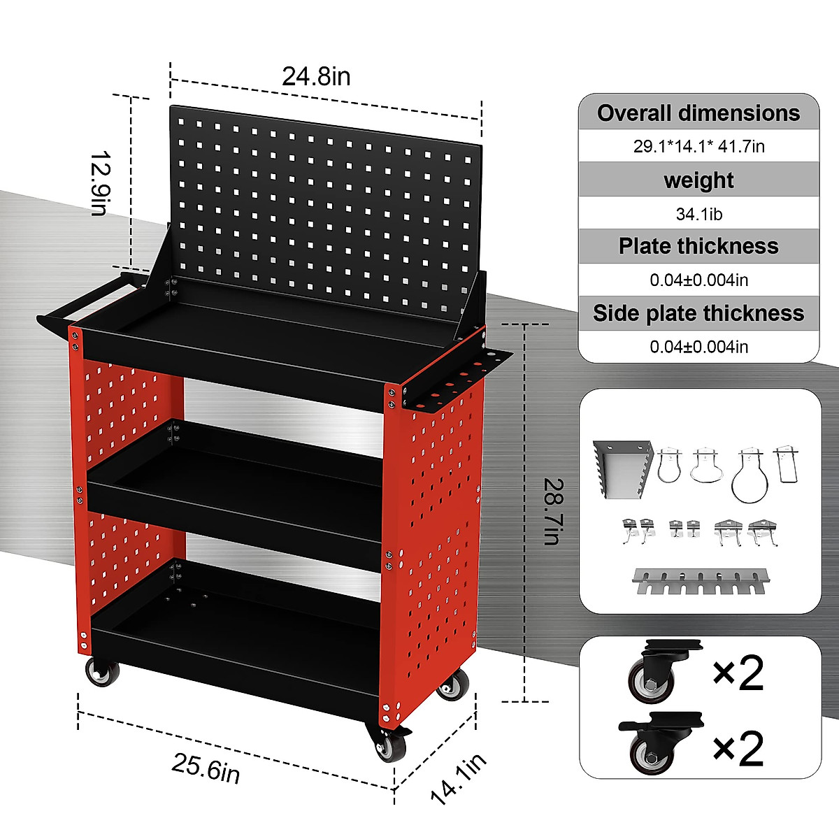 ZFULVO 3-Tier Rolling Tool Cart with Lockable Swivel Wheels, Tool Board, and Multi-Purpose Hooks - Supports up to 600 lbs - Ideal for Mechanics, Garages, Warehouses and Repair Shops.