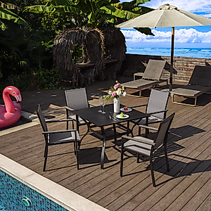 bigget 5-Piece Patio Outdoor Dining Set of 4 Chairs Textilene Breathable Fabric& Wrought Iron Desk Square Metal Table w/ 1.57" Umbrella Hole Furniture Set for Garden Yard Porch Deck Bistro