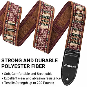 Amumu Guitar Strap Brown Diamond Grill Retro Chevron Polyester Woven for Acoustic Electric Bass Guitars with Genuine Leather Ends + Free Rubber Strap Blocks &amp; Headstock Tie