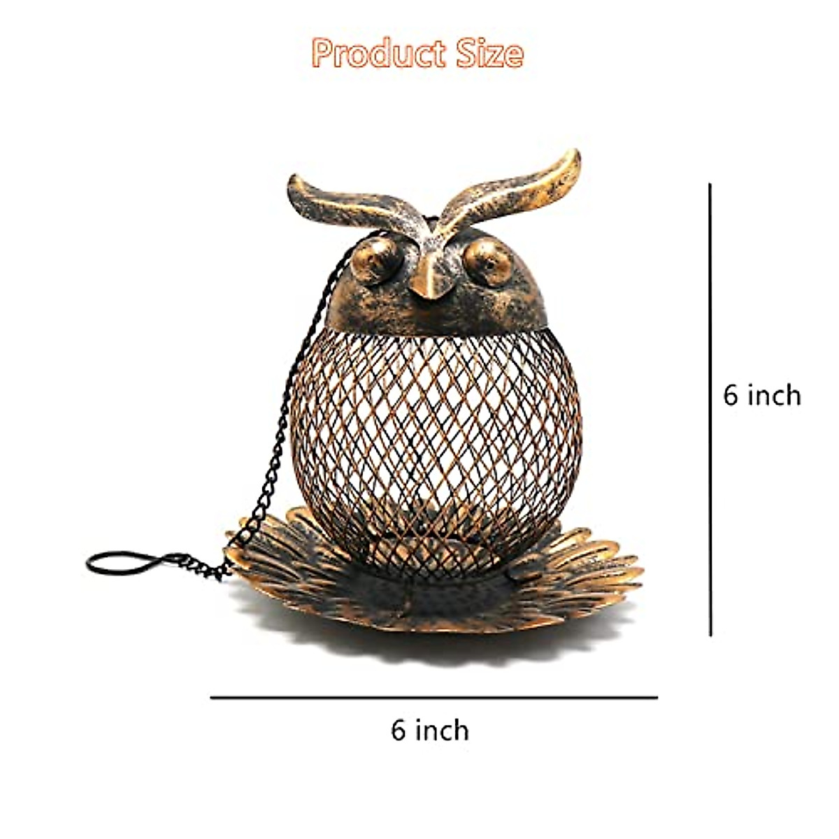 Cinlitek Outdoor Garden Wild Bird Feeder Hanging Bird Feeders, Heavy Duty Copper Metal Mesh Wild Finch Bird Feeder for Outside with Hook for Garden Yard Decor, Owl Shaped