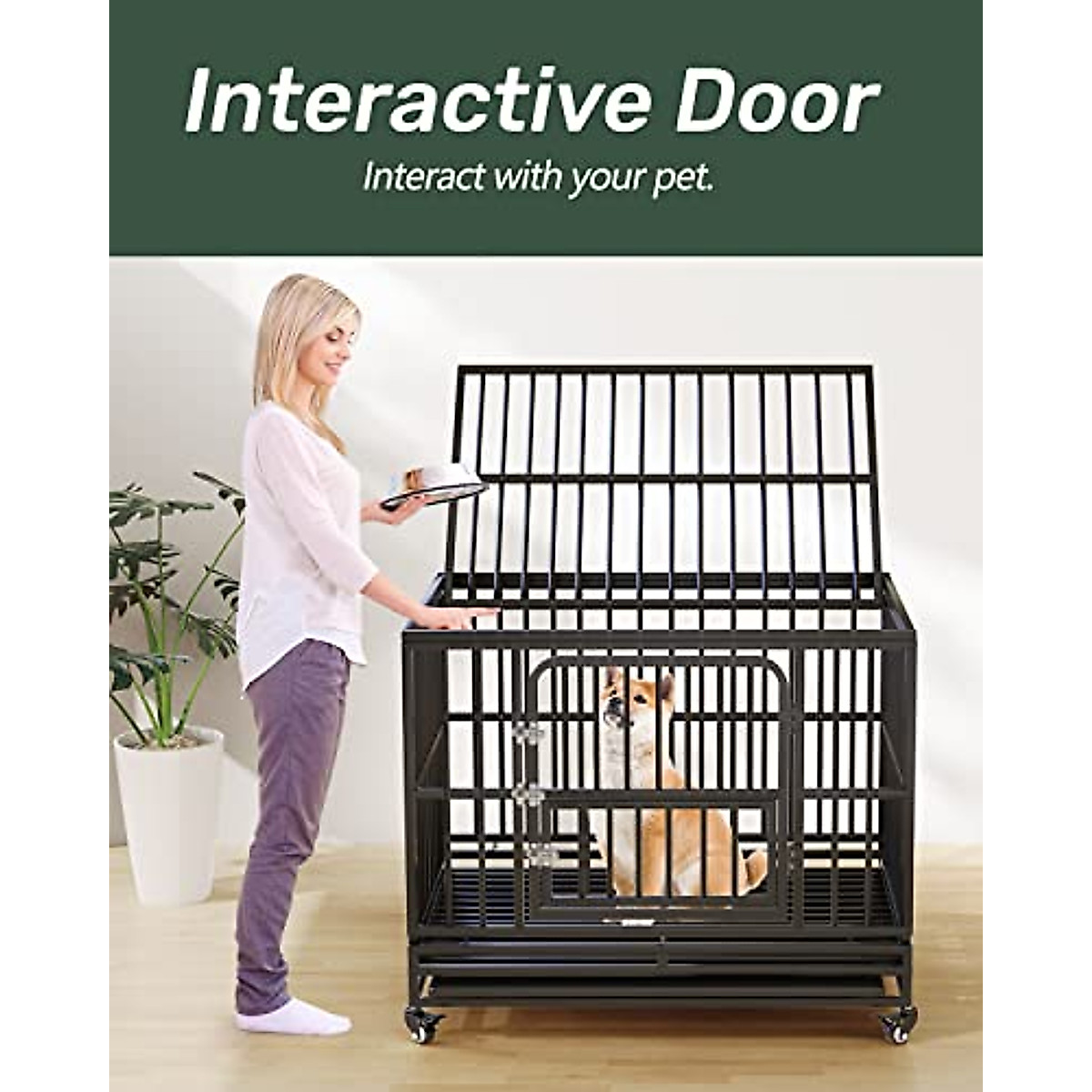 38 inch Heavy Duty Dog Crate | Dog Kennel for Small Medium Large Dog | Strong Metal Escape Proof Dog Cage | Removable Tray & Lockable Wheels