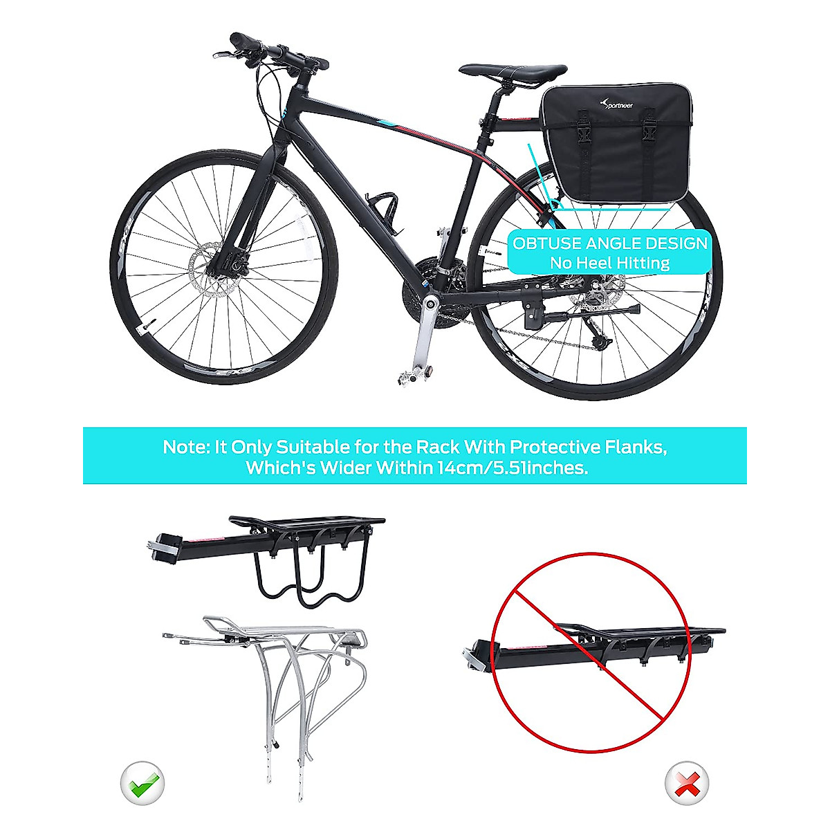 Sportneer Bike Bag - 29L Waterproof Bike Panniers Grocery Bag with Adjustable Hooks & Large Pockets - Bike Rack Bag with Reflective Trim & Rain Cover for Width Less Than 5.5'' Bike Rack
