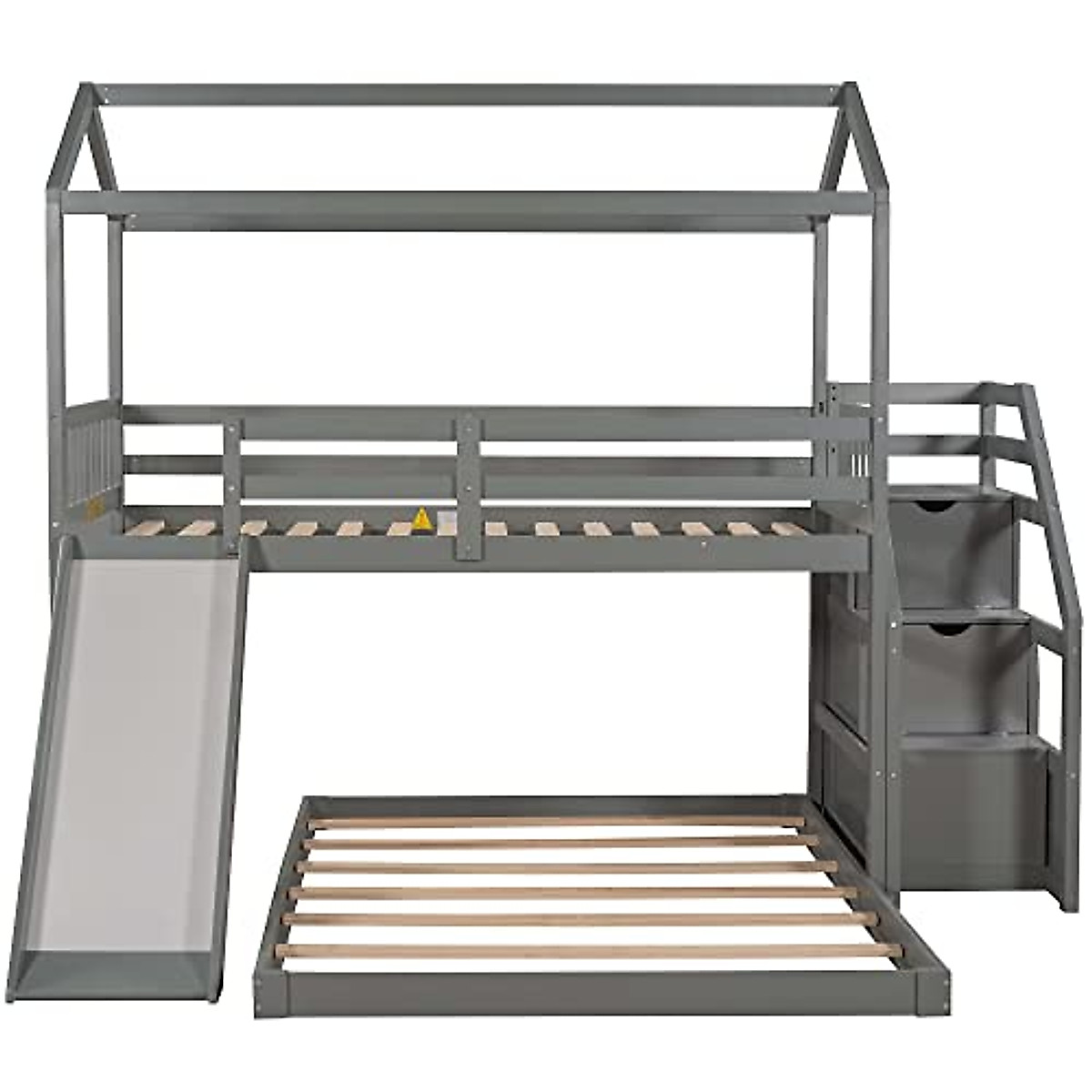 SOHUSPHOME Twin Over Full House Bunk Bed with Convertible Slide and Storage Staircase,Full-Length Guardrail, Solid Wood Platform Bed Frame, No Box Spring Needed for Kids Teens Bedroom, Grey