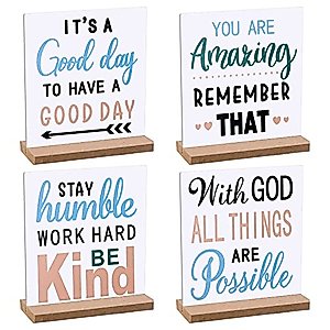 4 Pieces Inspirational Quotes Desk Decor Wood Block Plaque Positive Wooden Table Signs Decorative Wood Table Sign Centerpiece for Women Desk Office Decor Party Table Accessories(Stylish Style)