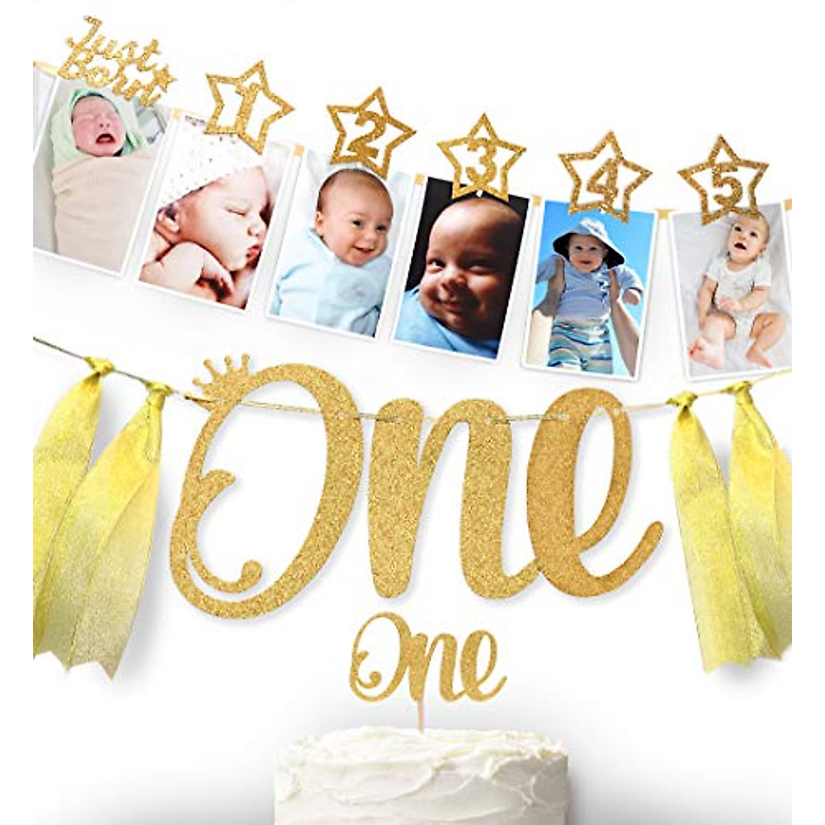 1st Birthday 12 months Photo Banner, Cake Topper, Highchair One Garland. Newborn to 1 Year old Monthly Milestone Picture, Baby Boy & Girl First Gold Decorations Party Supplies