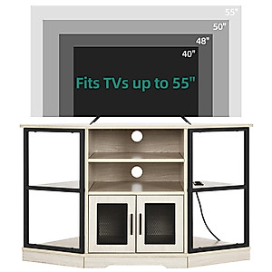 YITAHOME Corner TV Stand for TVs up to 55/50 Inch with Power Outlet, Modern Farmhouse Entertainment Center, Wood TV Media Console with Storage Cabinets Shelves for Living Room, White Oak