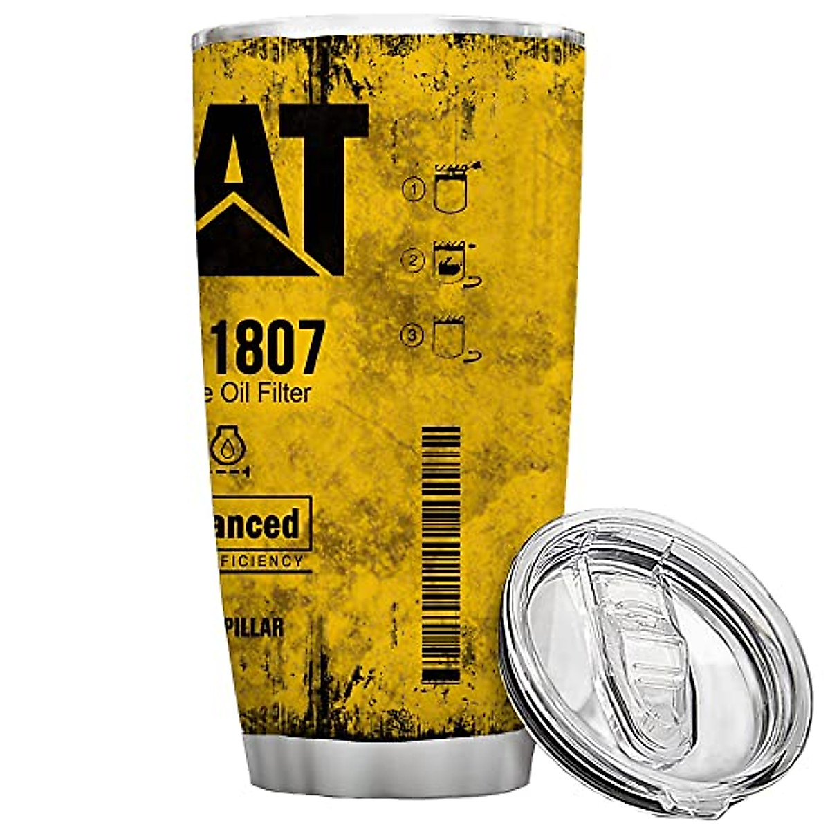 ATHAND 20 oz Yellow CAT 1R 1807 Engine Oil Filter Advanced High Efficiency Caterpillar Coffee Tumbler For Caterpillar Lover, Insulated Mug Cup For Mechanic Lover (CAT)