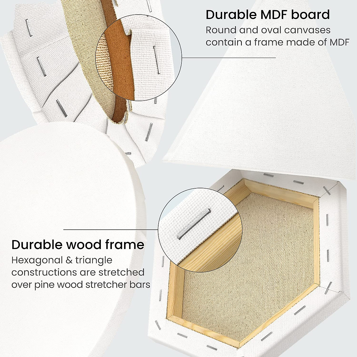 ARTEZA Stretched Canvas, Multipack of 20, Round, Oval, Triangle, and Hexagonal Canvas, Blank White Canvas Boards for Acrylic, Oil and Gouache Painting