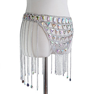 Salliy Rhinestone Waist Body Chains Skirt Silver Sexy Belly Chain Dress Summer Belly Belt Chain Jewelry Rave Festival Outfits for Women and Girls