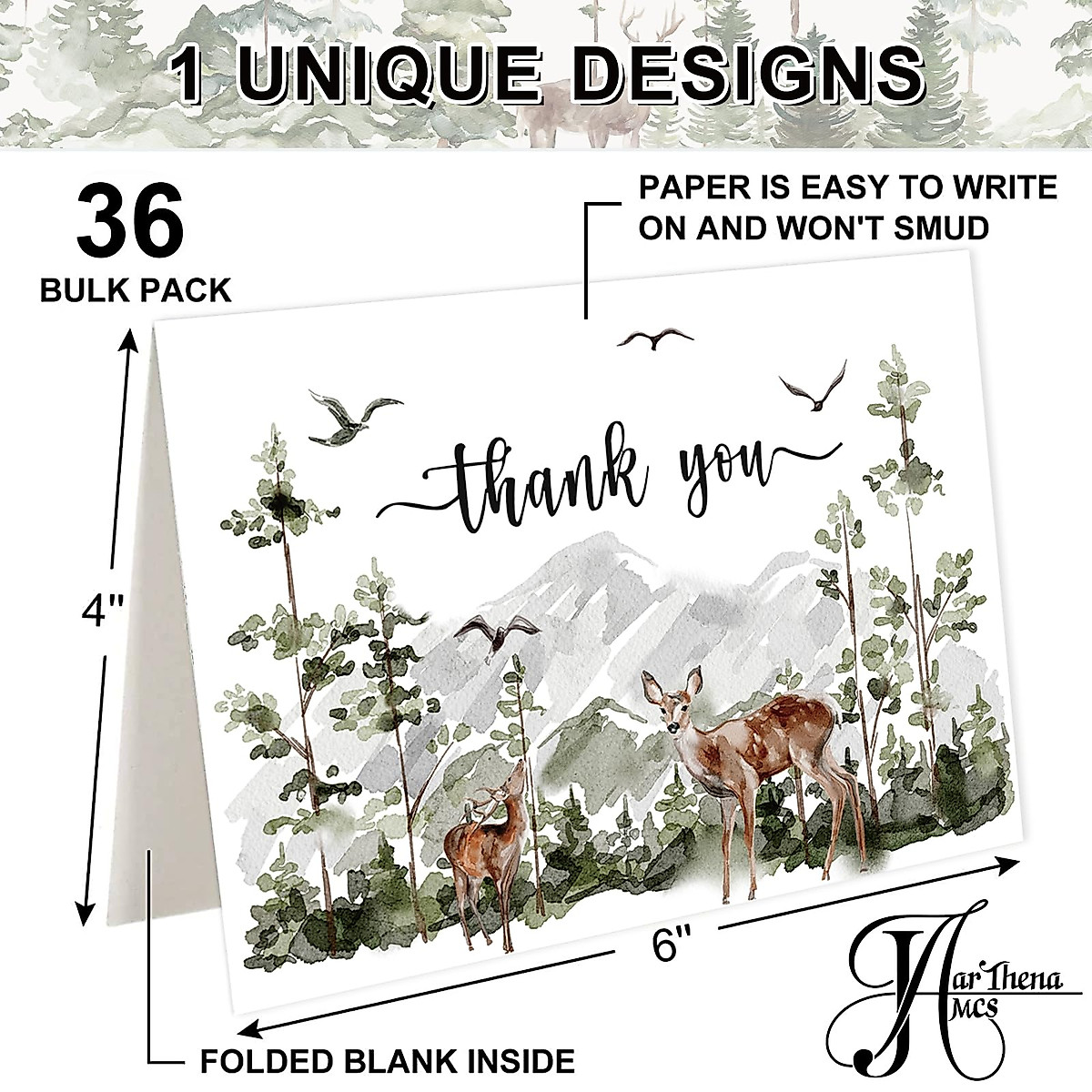 JarThenaAMCS 36 Pack Forest Thank You Cards Bulk Watercolor Woodland Elk Deer Thank You Blank Note Cards with Envelopes Stickers for Baby Shower Birthday Wedding