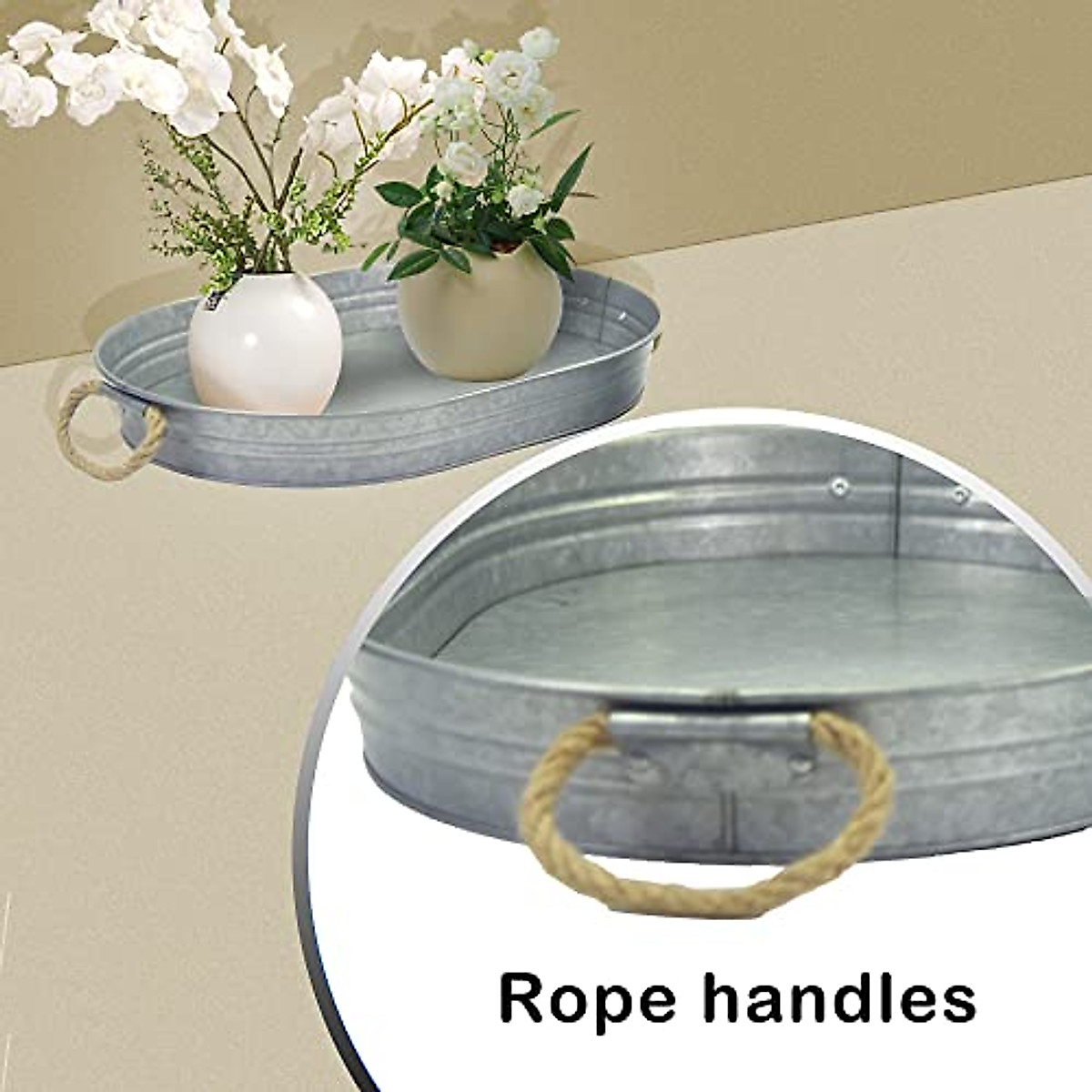 Farmhouse Galvanized Trays Farmhouse Decor 16.9"x12.2" Oval Trays with Handles Decorative Tray for Coffee Table Centerpieces Modern Farmhouse Home Decorations(Set of 2,Galvanized)
