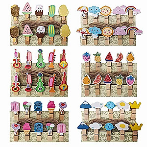 SaktopDeco 60 Counts Mini Summer Theme Wooden Clothespins Small Decorative Wood Peg Pin Craft Clip Pattern of Fruits Ice Cream Musical Instruments