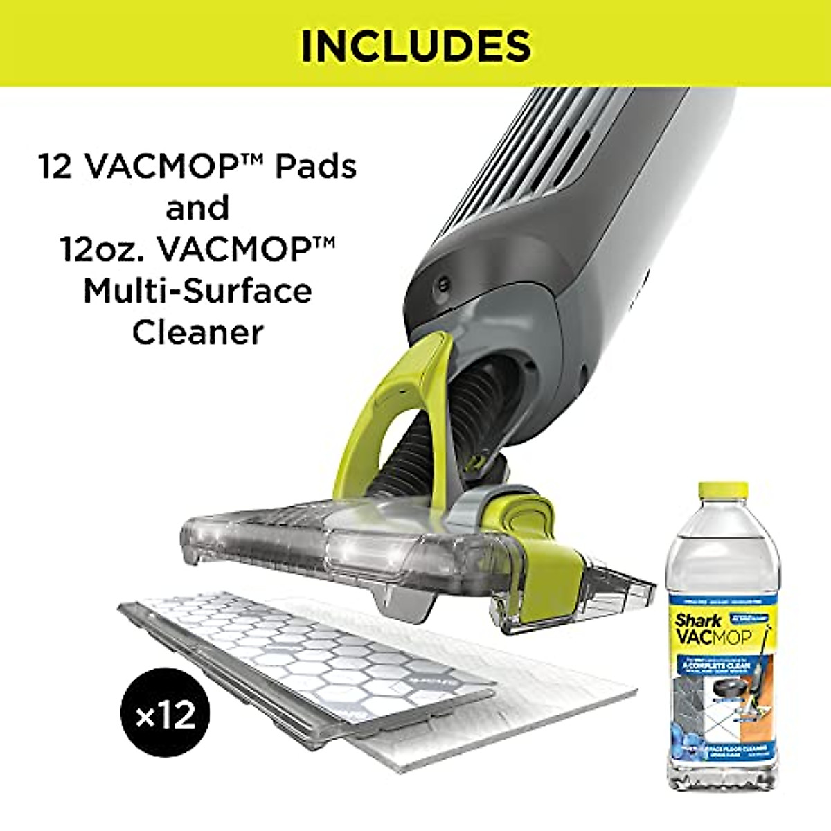 Shark VM252P10 VACMOP Pro Cordless Hard Floor Vacuum Mop with LED Headlights, 12 Disposable Pads & 12 oz. Cleaning Solution, Charcoal Gray