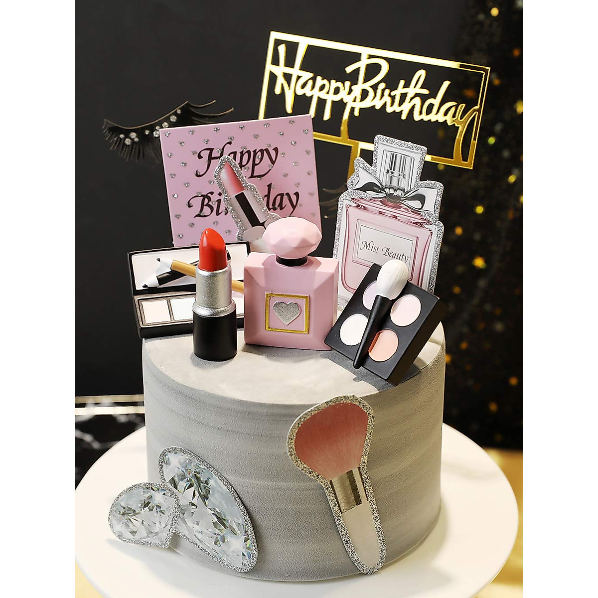MEMOVAN Makeup Cake Topper 4 Pack, Resin Cosmetics Lipstick Perfume Bottle Eye Shadow Blush Makeup Cake Decorations for Bridal Shower Bachelorette Girl Women Spa Makeup Themed Birthday Party Supplies