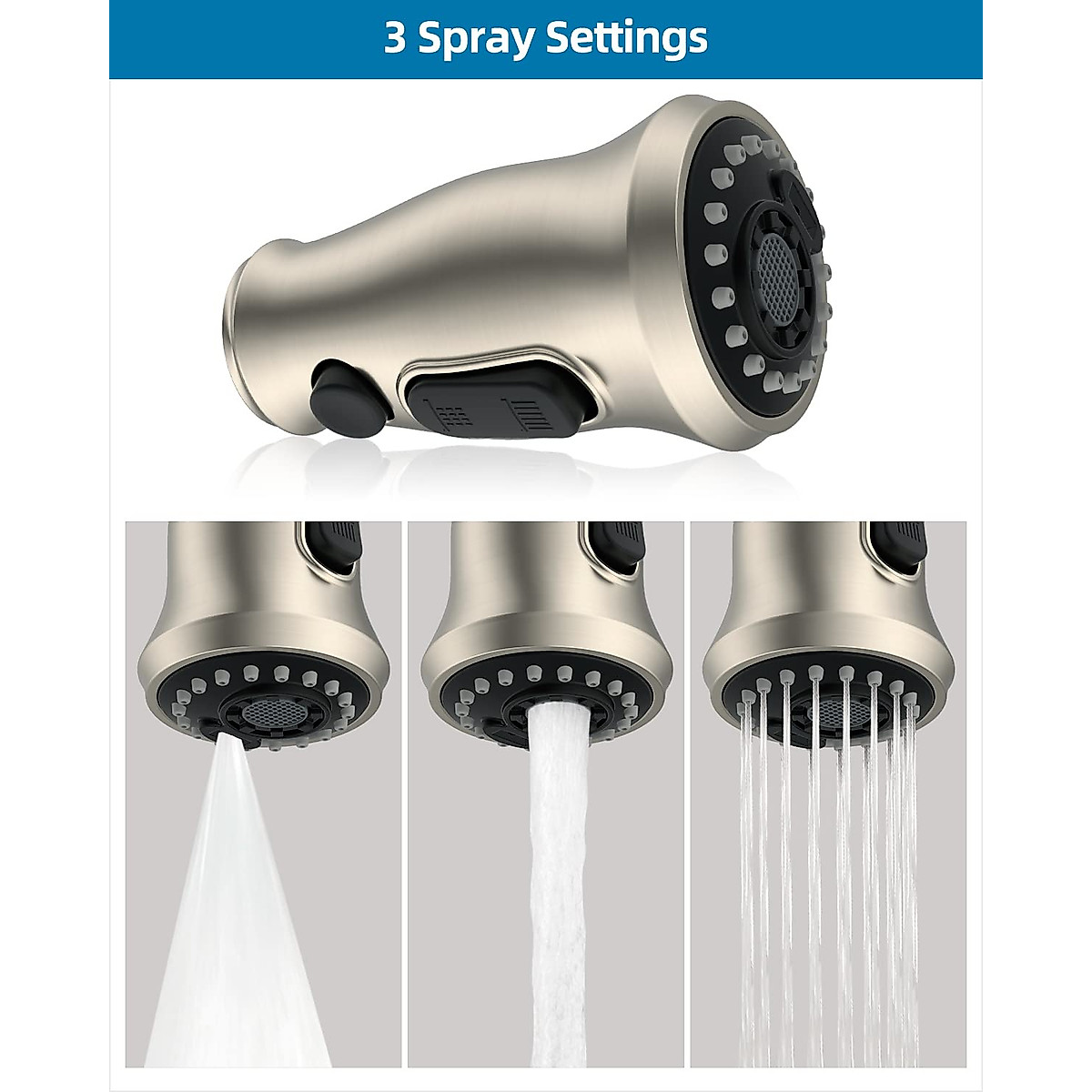 Hygie Rinse Pull Down Faucet Head Replacement with 9 Adapters Compatible with Moen Delta Faucet Head, 3 Function Kitchen Sink Faucet Sprayer Head Fit Most Faucet, Brushed Nickel