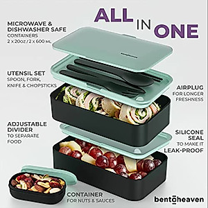 Bentoheaven Premium Bento Box Adult Lunch Box with 2 Compartments (40oz), Cutlery & Set of Chopsticks, Large Dip Container, Cute Black Japanese Bento Box, Rectangle, Microwavable (Billie Green)
