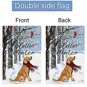 Hello Winter Dog Garden Flag 12x18 Double Sided, Burlap Farmhouse Small Golden Cardinal Retriever Garden Yard Flags for Winter Seasonal Outside Outdoor House Holiday Decor (ONLY FLAG)