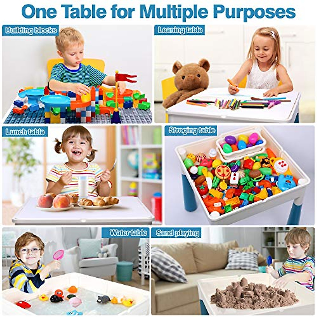 arscniek Toddlers Activity Table 7 in 1 Kids Activity Table and Chair Set with 152Pcs Large Marble Run Building Blocks, Sand/Water Table, Kids Learning Play Table Toys for Girls Boys Toddler Age 3-7