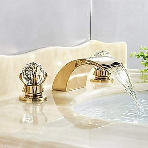 MOSSON LED Bathroom Faucet Brass Bathroom Sink Faucet 3 Hole 8 Inch Basin Mixer Tap Gold Bath Faucet 2 Crystal Knobs Vanity Lavatory Faucet for Bathroom