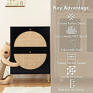 Pvillez Natural Rattan Shoe Cabinet, Modern Free Standing Shoe Racks Storage Cabinet with 2 Flip Drawers and Storage Shelves, Narrow Shoe Rack Cabinet for Entryway, Hallway, Bedroom, Black