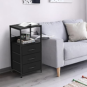 Black Nightstand with Drawer Set of 2, Tall End Table Bedroom Night Stand Side Table with 3 Fabric Drawers Modern Bedside Table with Storage Shelf for Office, Study