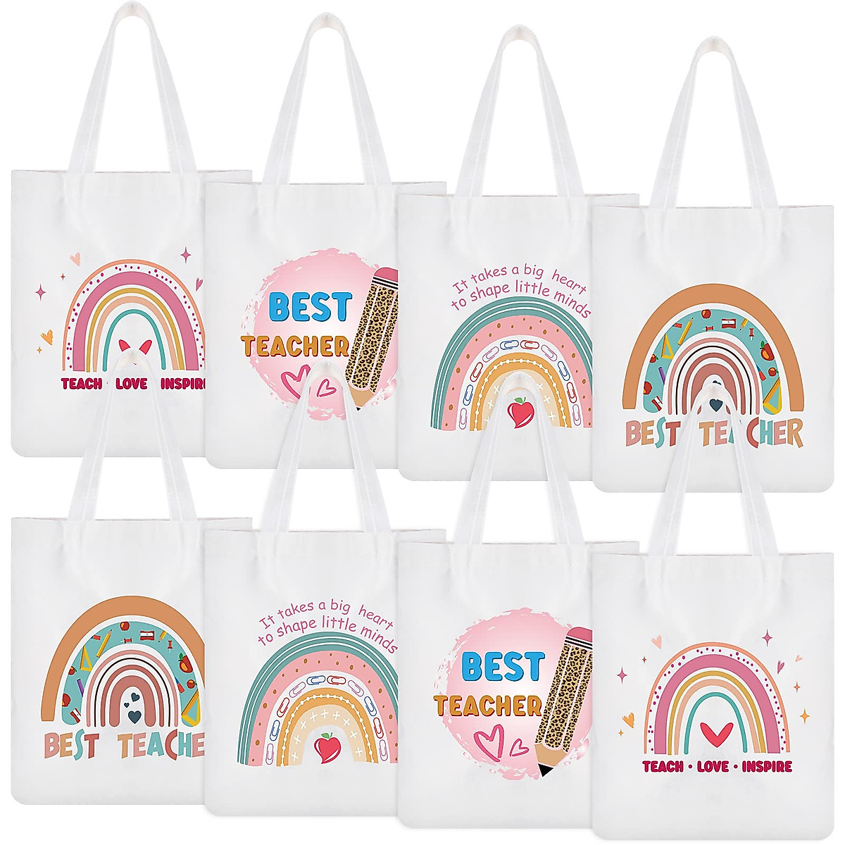 Amylove 8 Pcs Teacher Appreciation Gifts Canvas Tote Bags Bulk Thank You Teacher Bag Rainbow Inspirational Handbag(Classic)