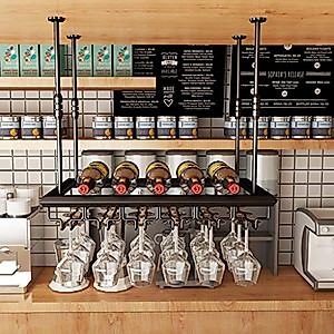 Wine Bottle Stemware Glass Rack Hanging Wall Mounted Ceiling Shelf - Holds 8 Bottles of Your Favorite Wine - Elegant Storage for Kitchen, Dining Room, Bar, or Wine Cellar (Black)