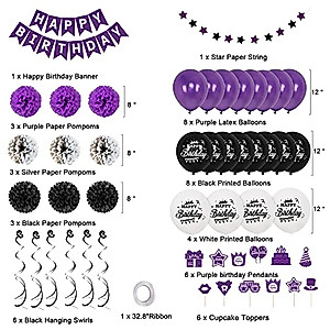 Birthday Decorations Purple for Girls and Women, Happy Birthday Party Decoration Balloons Banner Latex Balloon Supplies Tissue Paper Pom Pom Star Garland Hanging Swirls Birthday Decor for 13th 16th