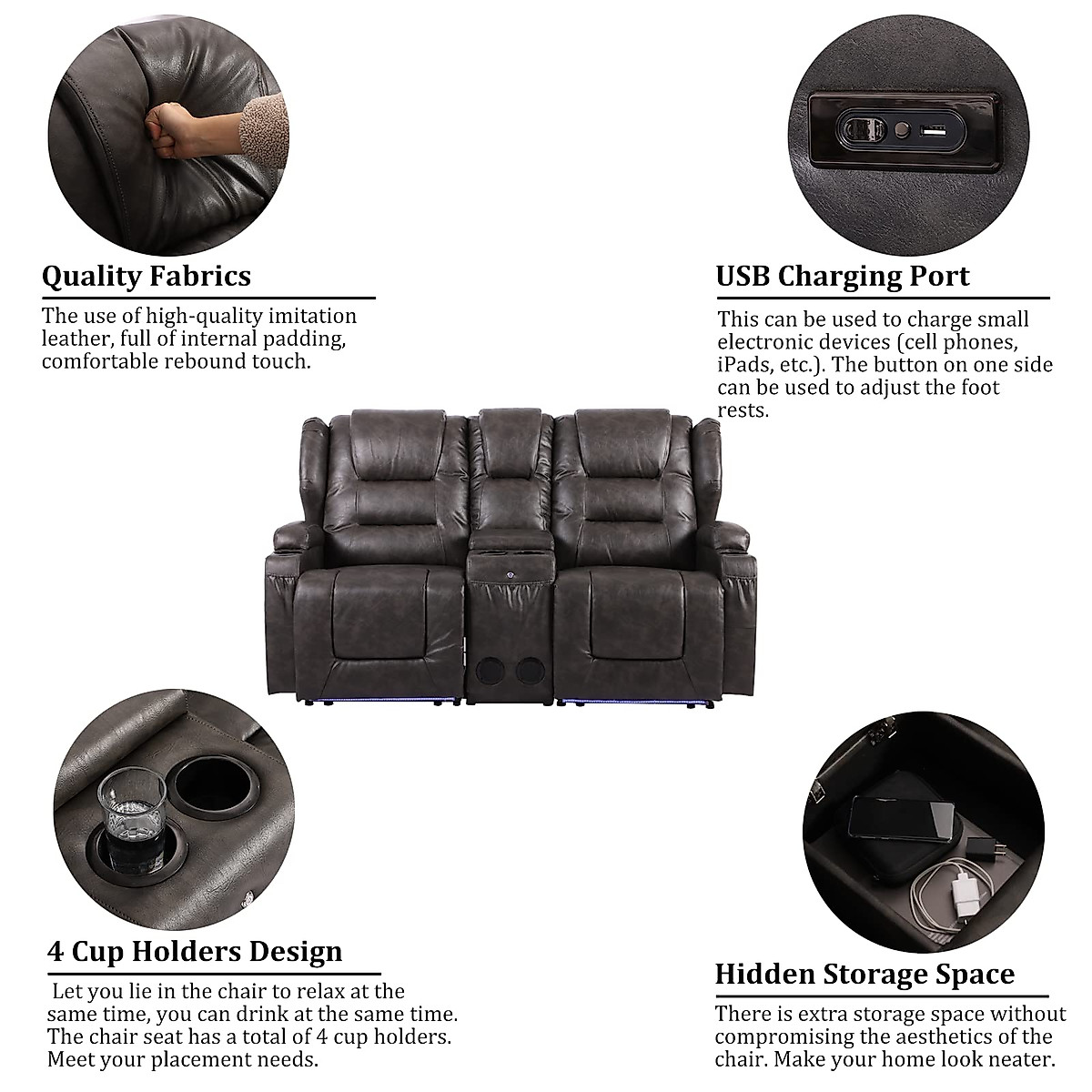 ETAGERIA Home Theater Seating 67" RV Recliner Double Reclining Loveseat Electric Recliner Loveseat Sofa with Console,Light Bar,Cup Holder (Black Grey)