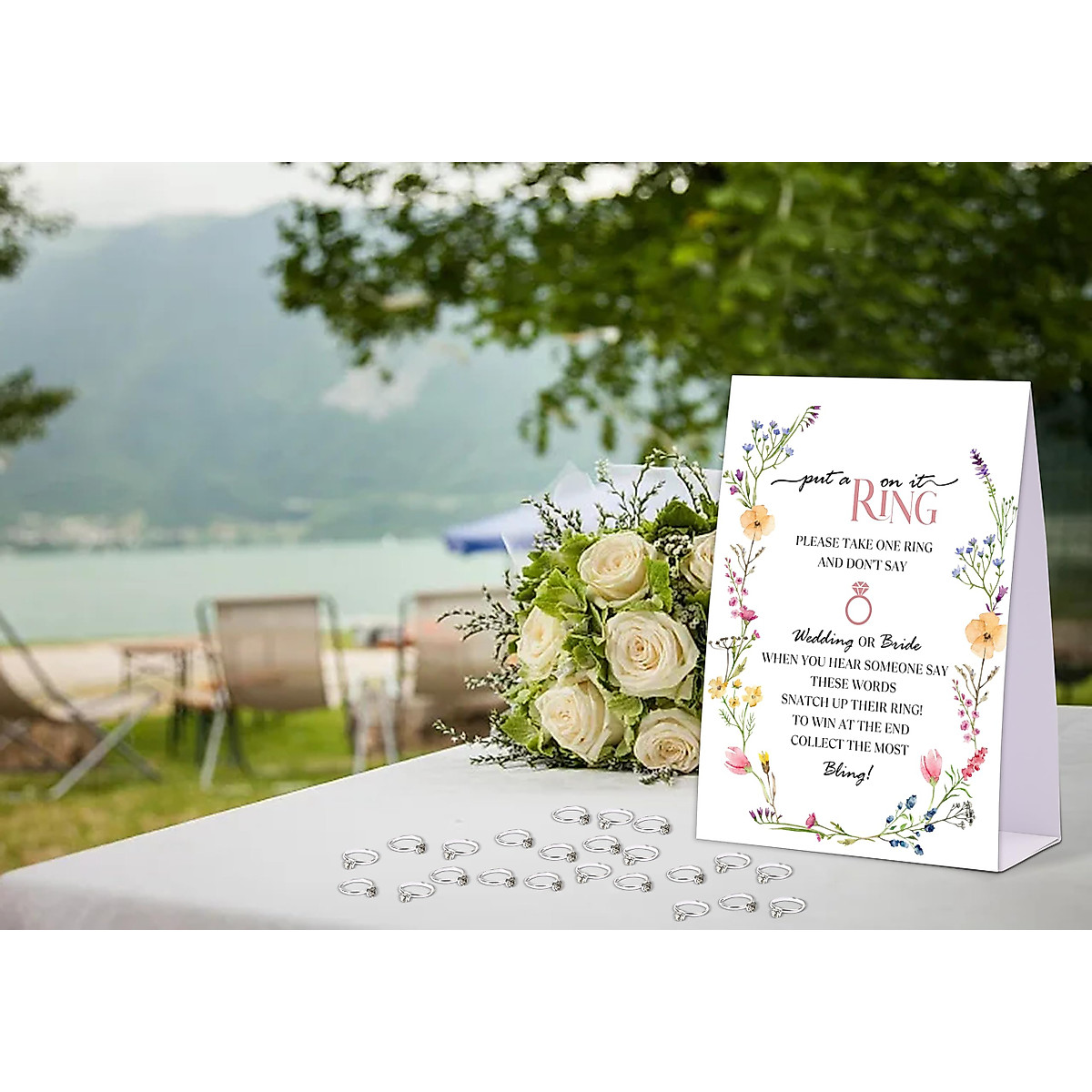 Boho Wildflowers Don't say Bride or Wedding Game, Put a Ring on It Bridal Shower Game with 50 Fake Rings, Bridal Shower Decorations, Wedding Shower or Bachelorette Party Supplies - 11