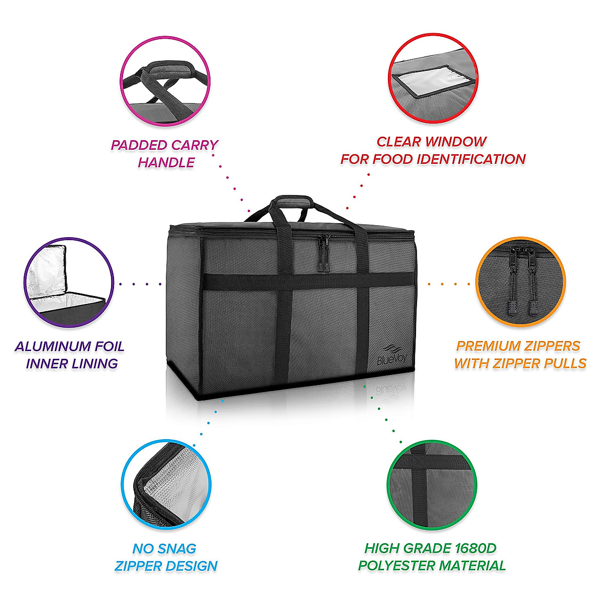BlueVoy Insulated Food Delivery Bag – Premium Large Commercial Catering Bag for Food Transport - Hot and Cold Thermal Insulated Food Carrier with YKK No Snag Zippers – Ultra Durable Polyester Material