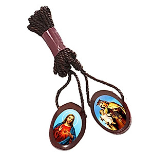 Pack of 6 pcs.- Scapulars Catholic Necklace with Brown Cord & Cherry Wooden I Sacred Heart of Jesus & Our Lady of Mount Carmel Medals I escapularios catolicos I Catholic Religious Necklace