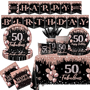 142Pcs 50th Birthday Tableware Decorations,Black Rose Gold Tableware Set 50th Birthday Plates and Napkins Cup Rose Gold Tablecloth Happy Birthday Banner for Women Birthday Disposable Supplies Serve 20