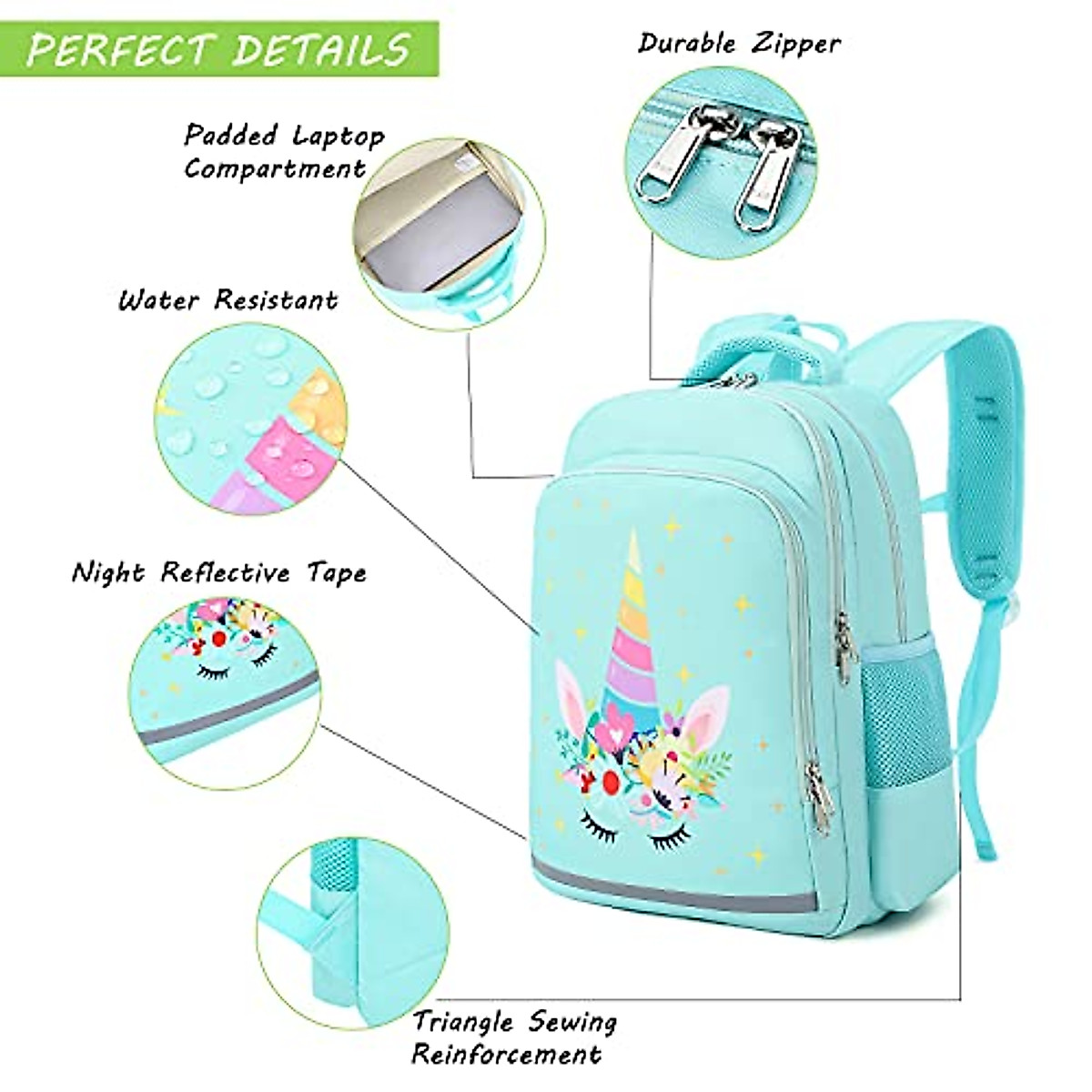 Unicorn Backpack and Lunch Box for girls School Backpack for Girls Unicorn Bookbag Set with Chest Strap Lunch Box and Pencil Bag Preschool Kindergarten Backpack Set