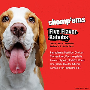 CHOMP 'EMS Five Flavor Kabobs Dog Treats - Beefhide Chewstick - High Protein Dog Chews, 15 Count