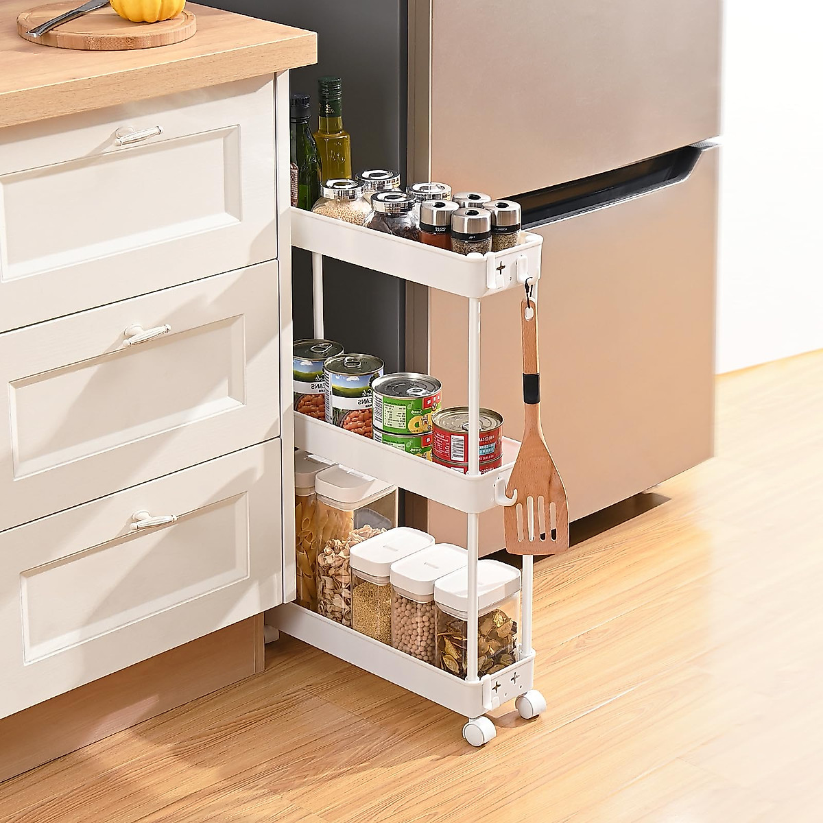 TOOLF Slim Rolling Storage Cart, 3 Tier Utility Cart on Wheels with Hooks, Bathroom Rolling Cart Organizer, Thin Mobile Shelving Unit for Laundry Kitchen Dorm for Nursery Diaper Craft Snack, White