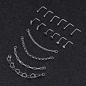 Tornito Nose Chain Piercing Across Double Nose Stud Chain CZ Heart Ball L Shaped Nose Chain 4.2CM Nostril Piercing Jewelry for Women Men 20G Silver Tone