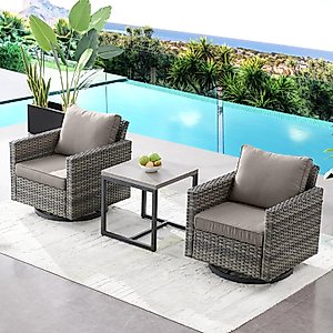 HUMMUH 3-Piece Patio Swivel Chairs,PE Wicker Outdoor Rocking Chairs Bistro Set with Side Table Porch Balcony Furniture with Cushions