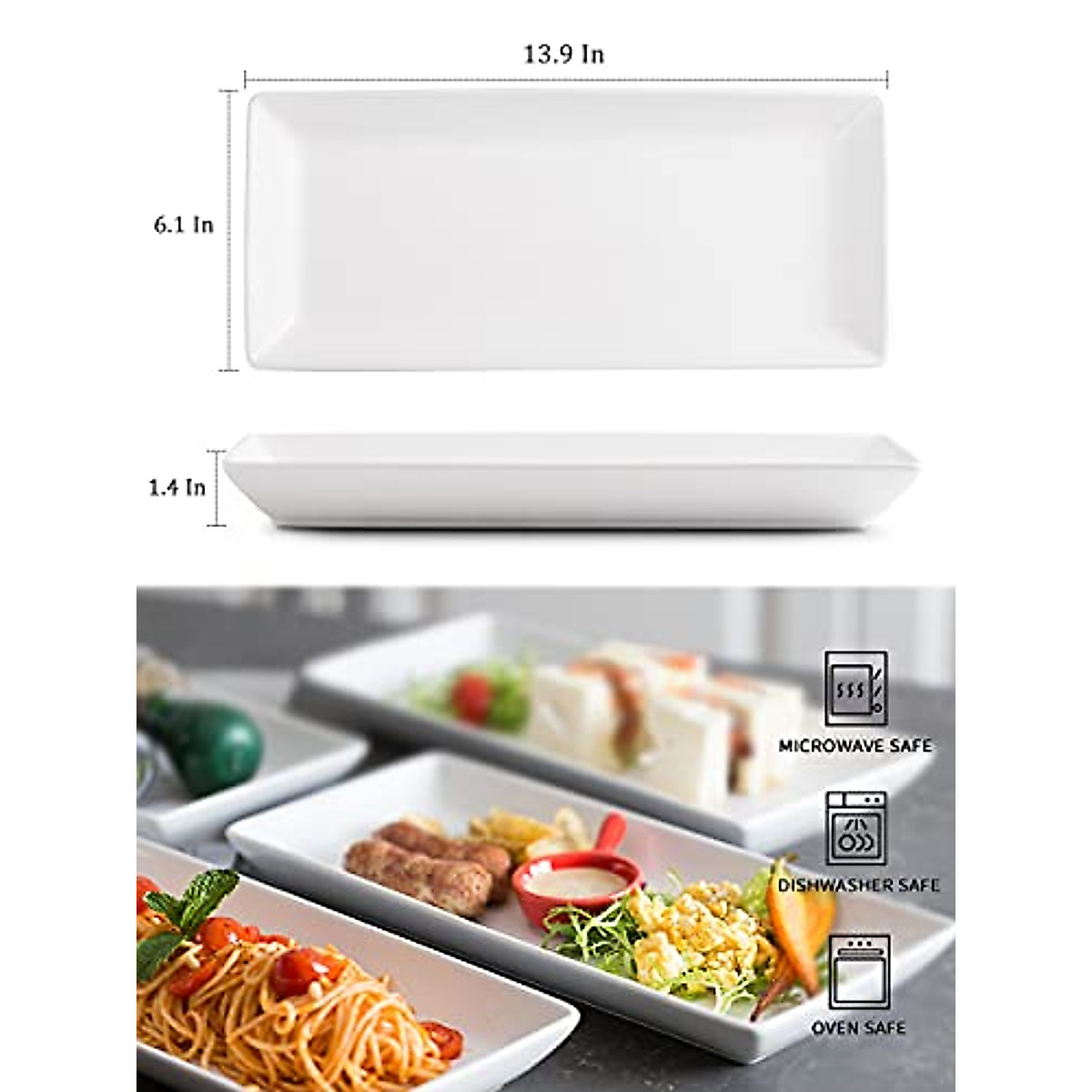 LAUCHUH Porcelain Serving Platter Rectangular Plate / Tray for Party, 14-Inch Large White Microwave And Dishwasher Safe Set of 4