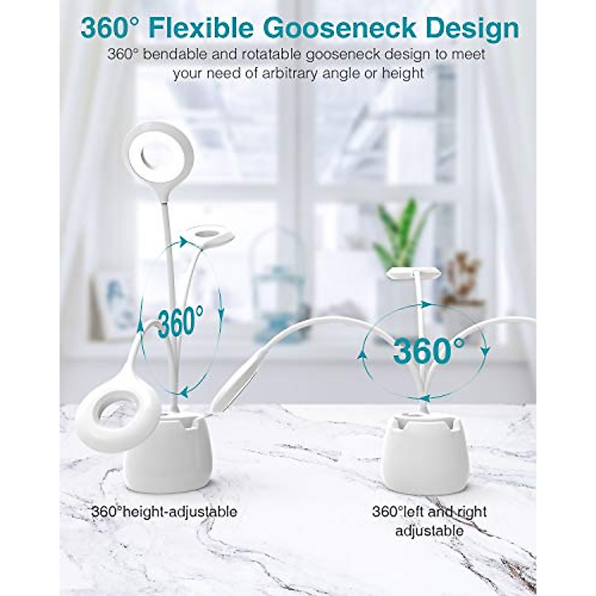 kolpop Desk Lamps for Home Office, Rechargeable Led Desk Lamp with USB Charging Port & Pen Phone Holder 3 Dimming Levels & Night Light Mode 360° Flexible Goose Neck LED Desk Light Desk Lamps for Kids