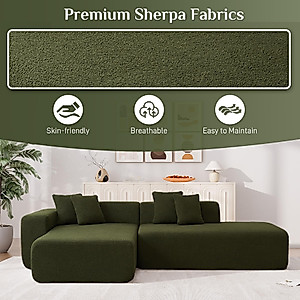 ONEMMLION 105" L-Shape Modular Sectional Sofa, Modern Cloud Couch with Left Facing Chaise Lounge, Upholstered Sherpa Corner Sofa Couch, Deep Seat Convertible Sleeper Couch for Living Room, Green