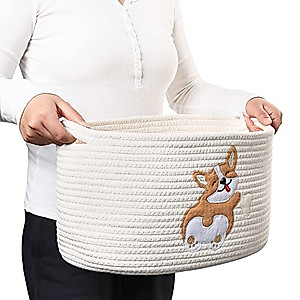PrimePets Dog Toy Basket, Cotton Rope Storage Basket with Handles, 15x10x9 inch Dog Toy Bin, Puppy Bin, Small Laundry Basket for Kids, Gift for Dog Lovers